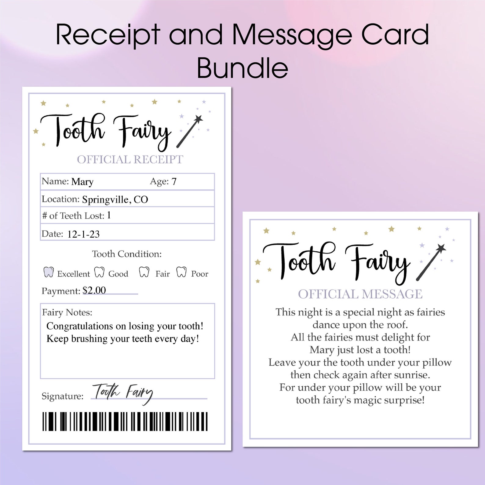 Editable Printable Tooth Fairy Receipt and Message Card Bundle, Lost ...