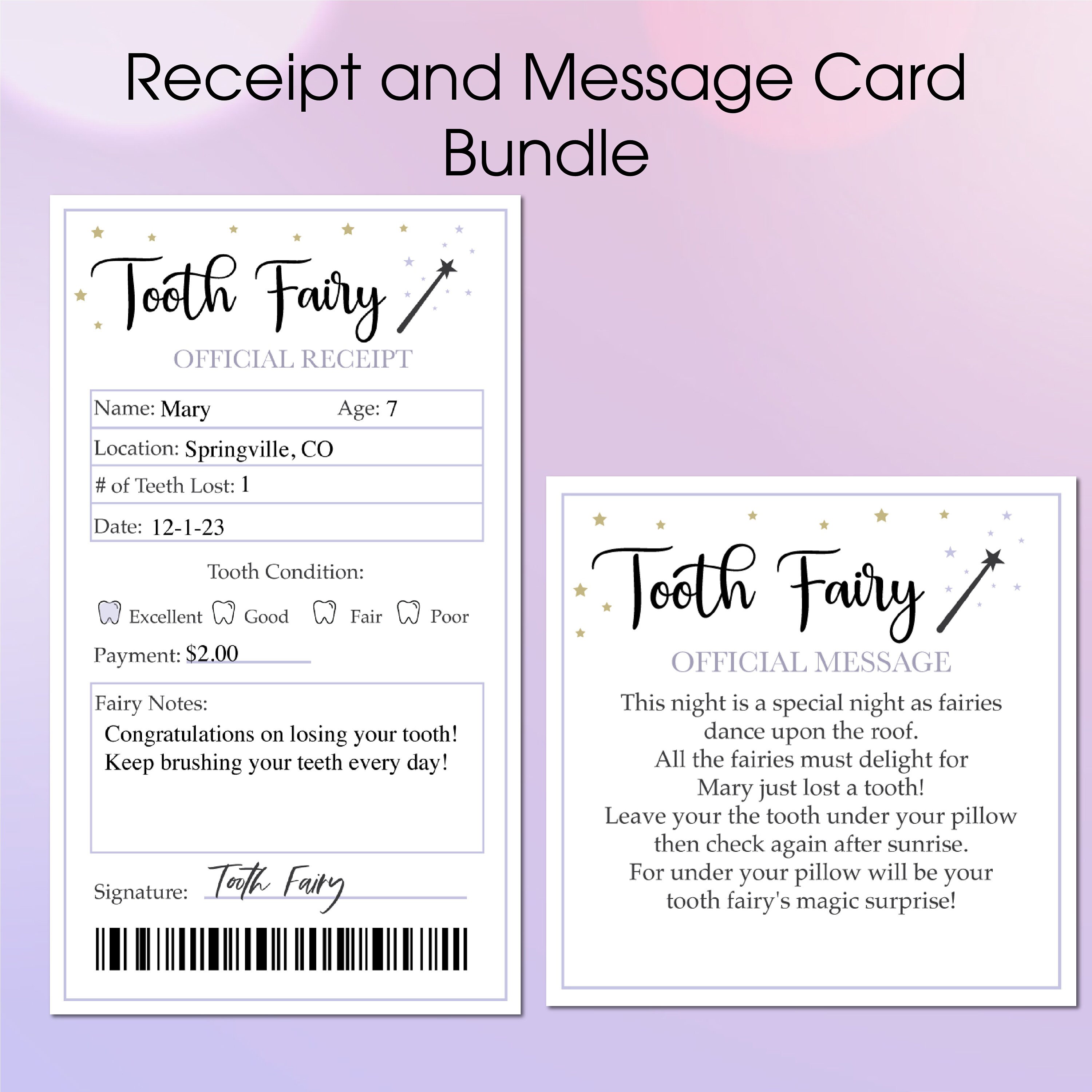 Editable Printable Tooth Fairy Receipt and Message Card Bundle, Lost ...
