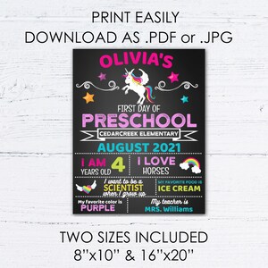 Unicorn Back to School Chalkboard Sign, First Day of School Sign ...