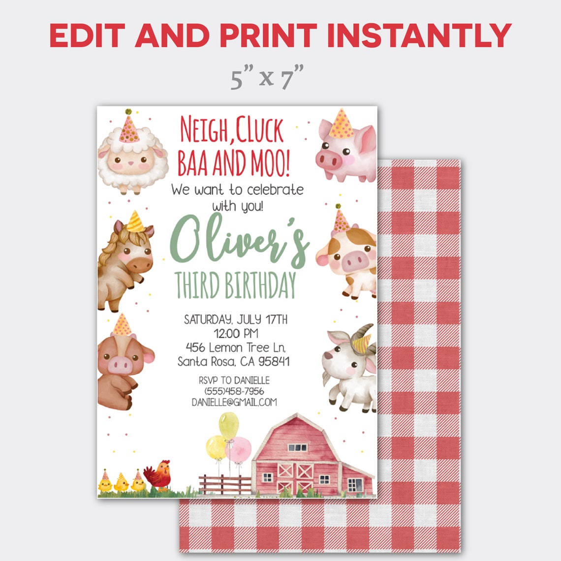 Editable Farm Animal Birthday Party Invitation Instant Template ...