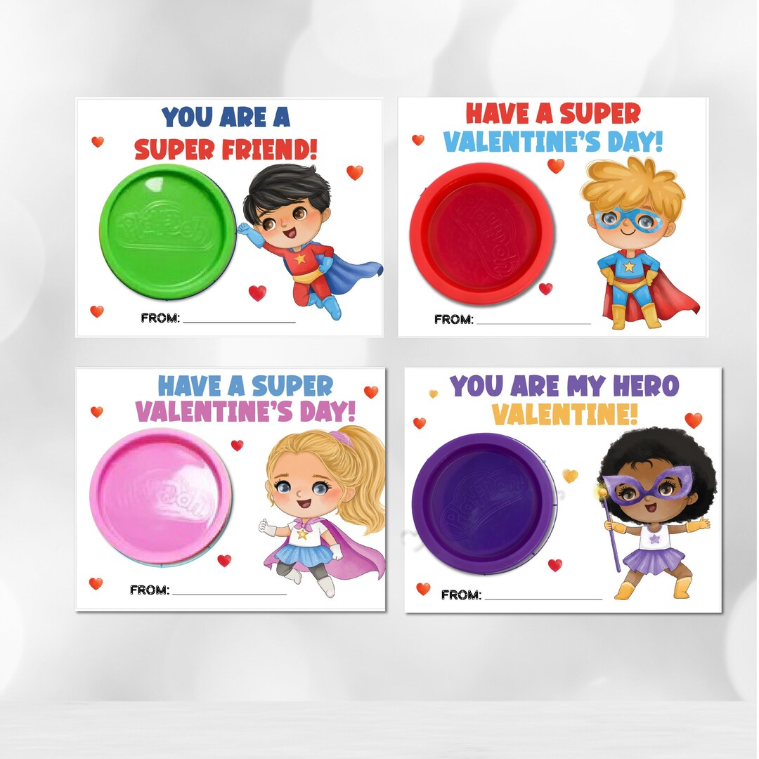 Superhero Playdoh Valentines, Kids Class Printable Valentine Cards, Non ...