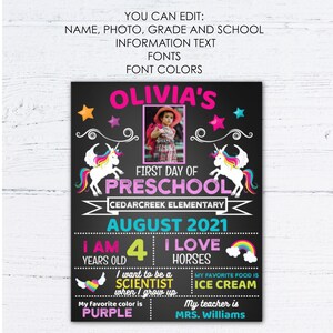 Unicorn Back to School Chalkboard Sign With Photo, First Day of School ...