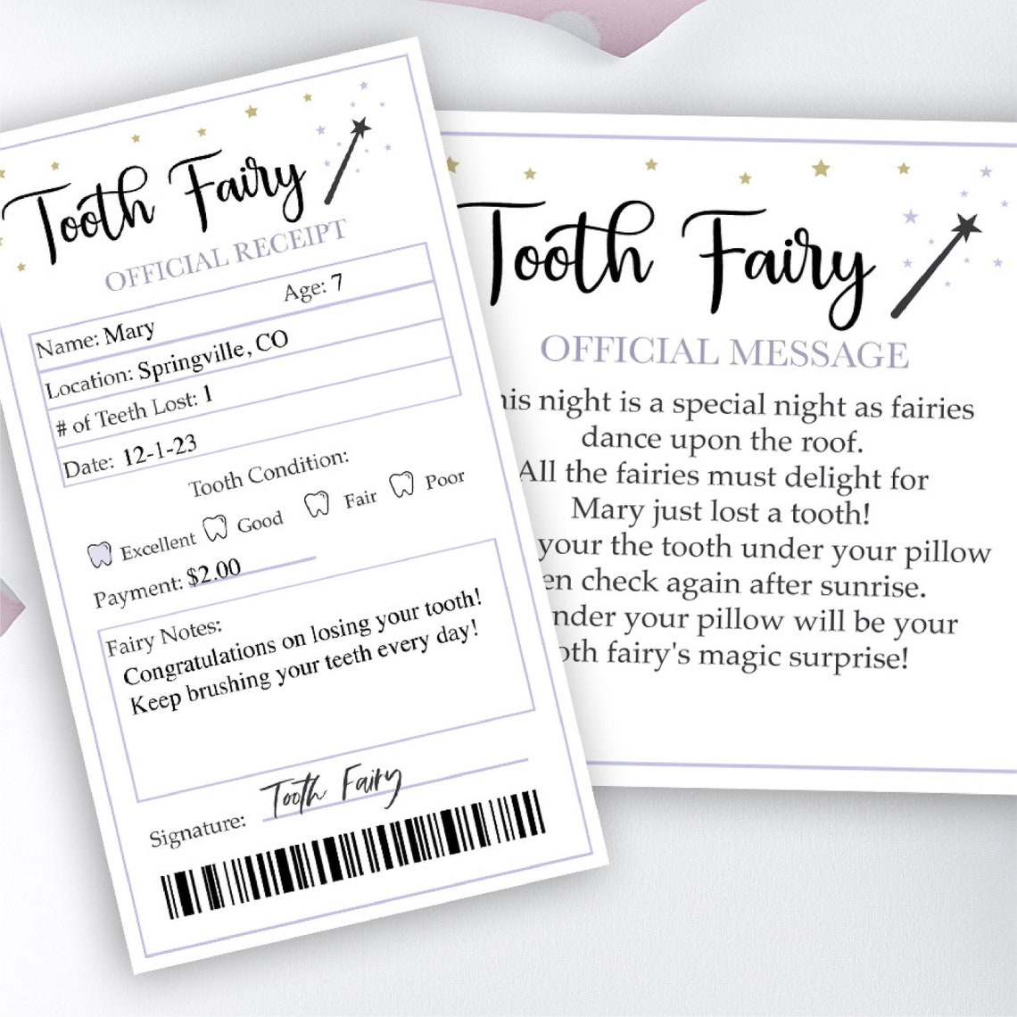 Editable Printable Tooth Fairy Receipt and Message Card Bundle, Lost ...