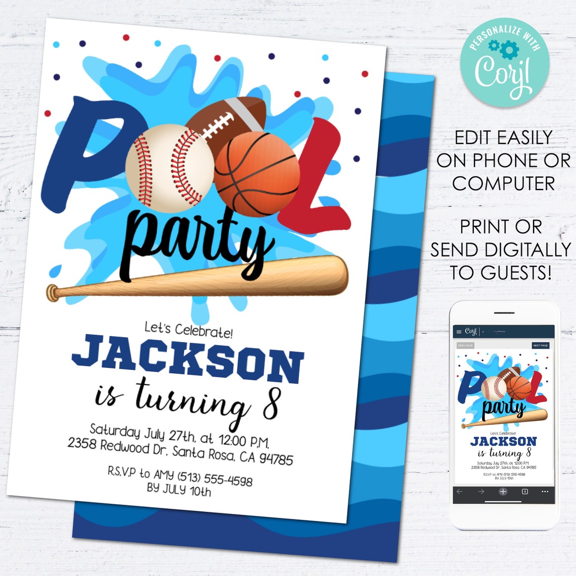 Editable Sports Pool Birthday Party Invitation Instant - Etsy