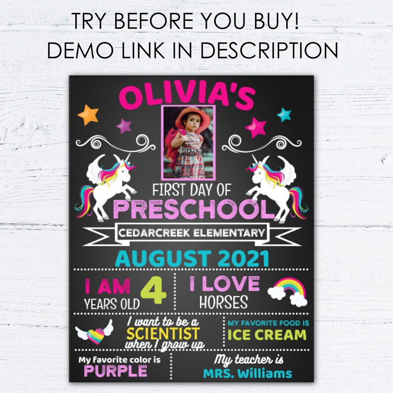 Unicorn Back to School Chalkboard Sign With Photo, First Day of School ...