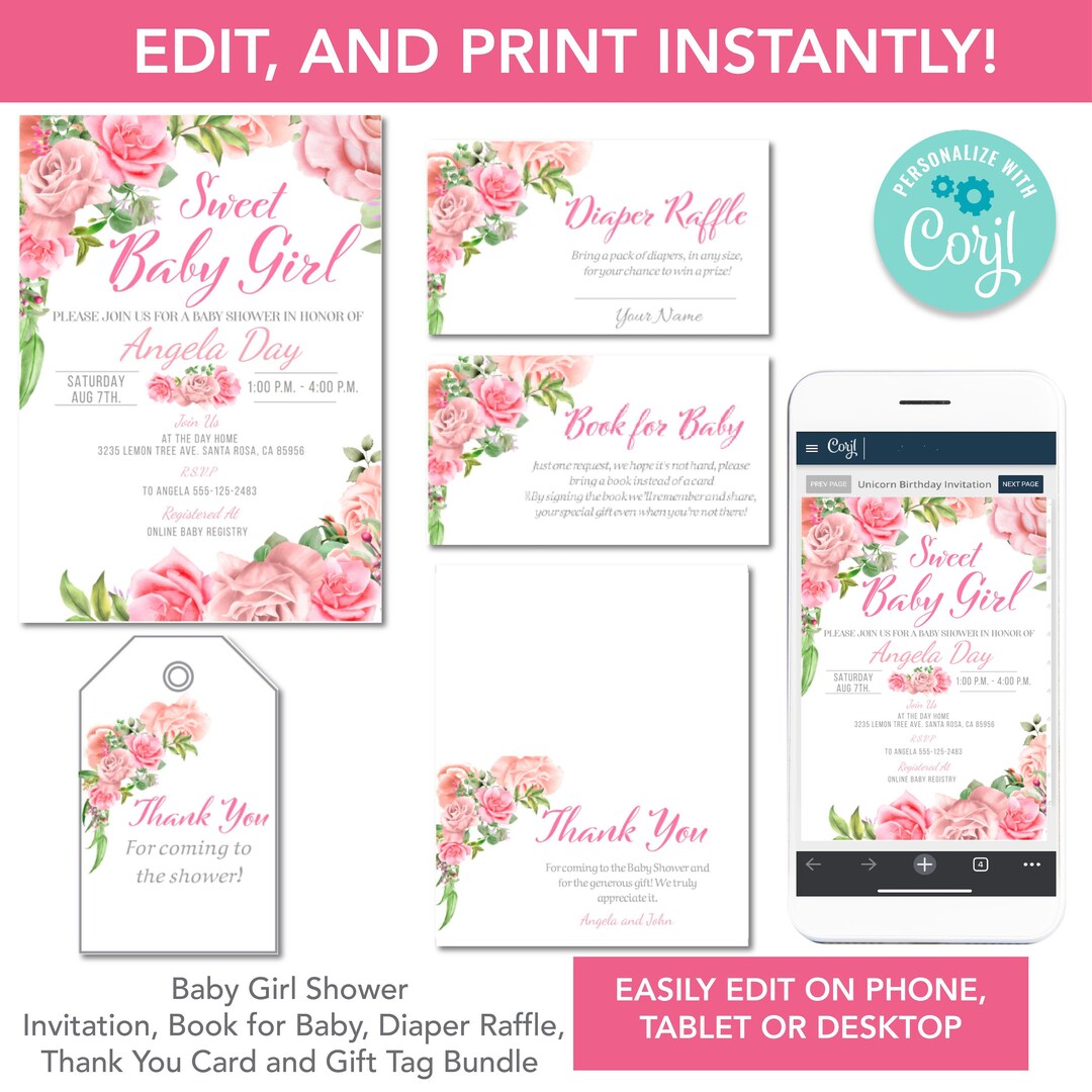 Editable Printable Sweet Baby Girl Shower Invitation, Diaper Raffle ...