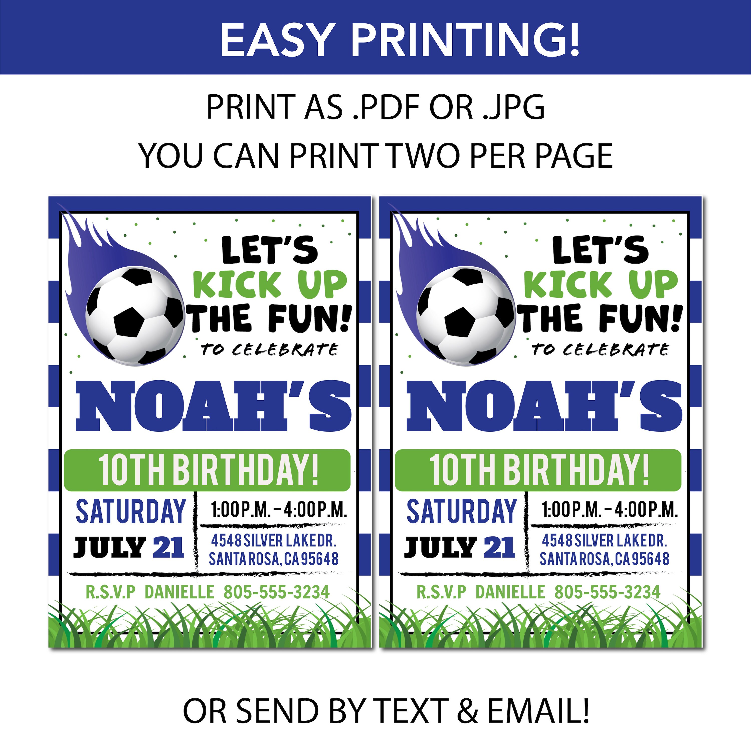 Editable Soccer Birthday Party Blue Invitation Instant Template ...