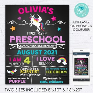 Unicorn Back to School Chalkboard Sign, First Day of School Sign ...