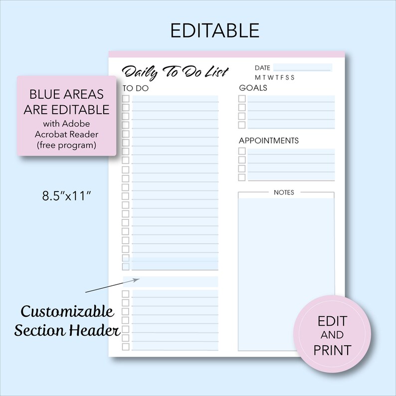 Daily to Do List Editable Printable PDF Instant Download - Etsy