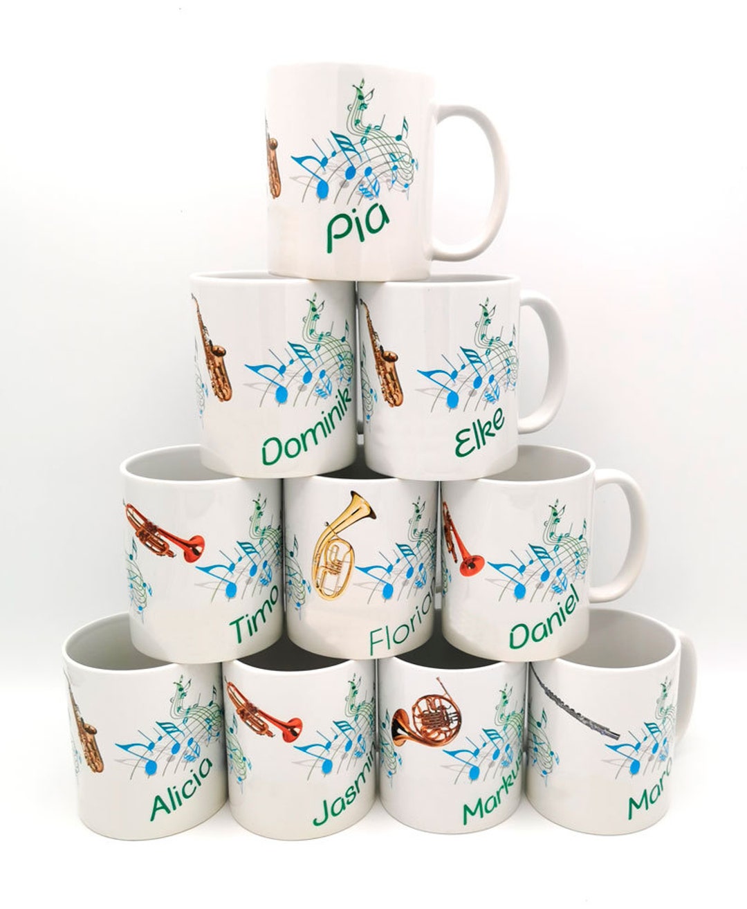 Personalisierte Musiker-Tasse. Kaffeetasse mit Noten, Instrument und ...