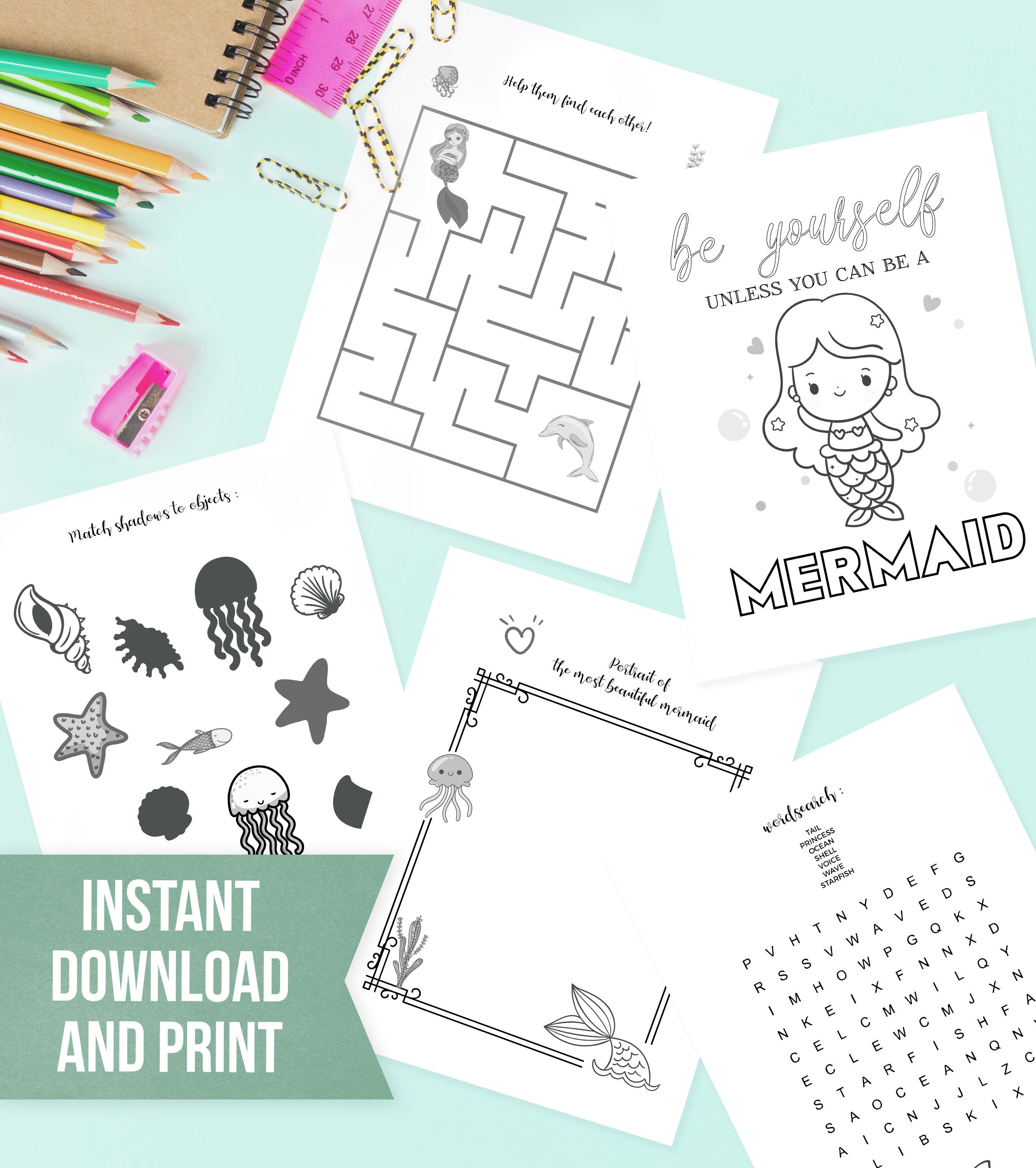 Premium Mermaid Coloring Pages and Activity Book | 25 Pages | Mermaid ...