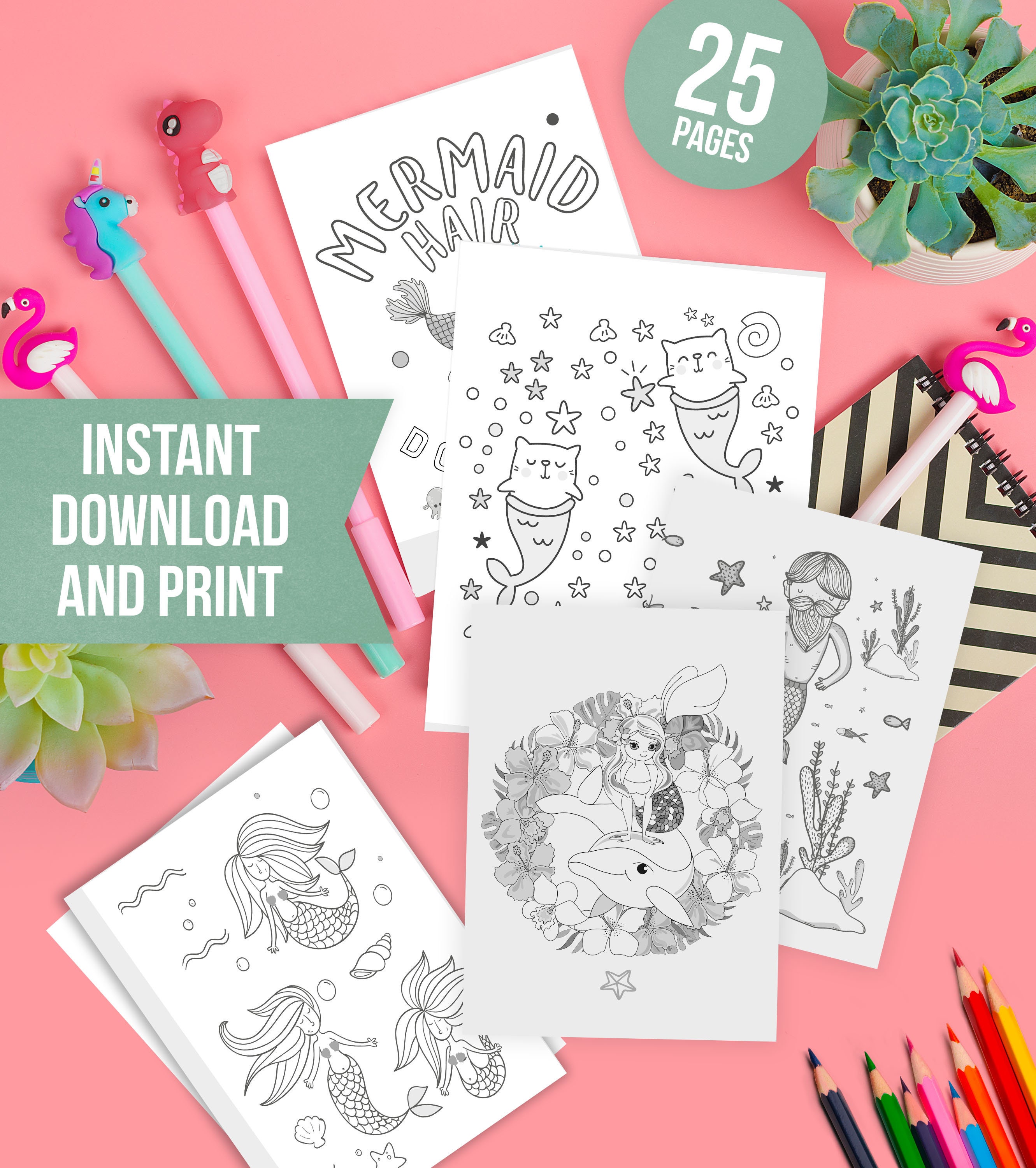 Premium Mermaid Coloring Pages and Activity Book | 25 Pages | Mermaid ...