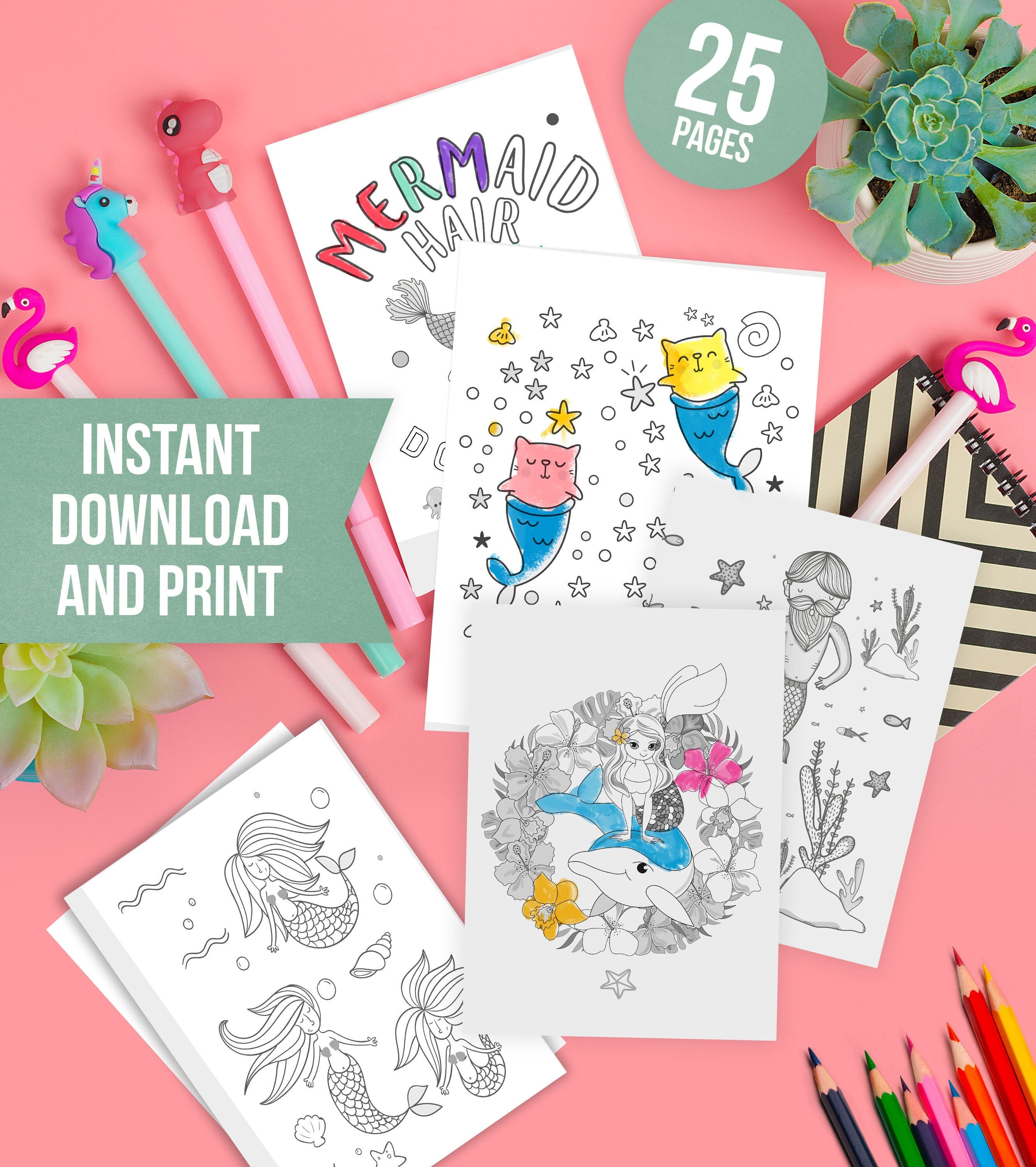 Premium Mermaid Coloring Pages and Activity Book | 25 Pages | Mermaid ...