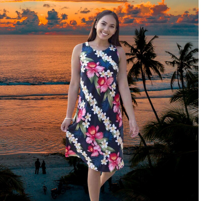 Navy Blue Floral Hawaiian Sundress Dress, Tropical Hibiscus Tank Dress ...