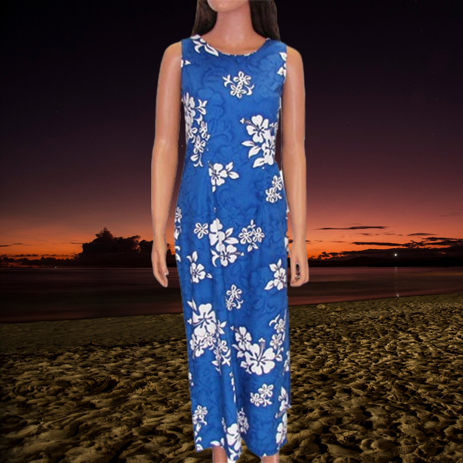 Blue Hawaiian Hibiscus Maxi Dress, Tropical Tank Dress, Aloha Dress ...