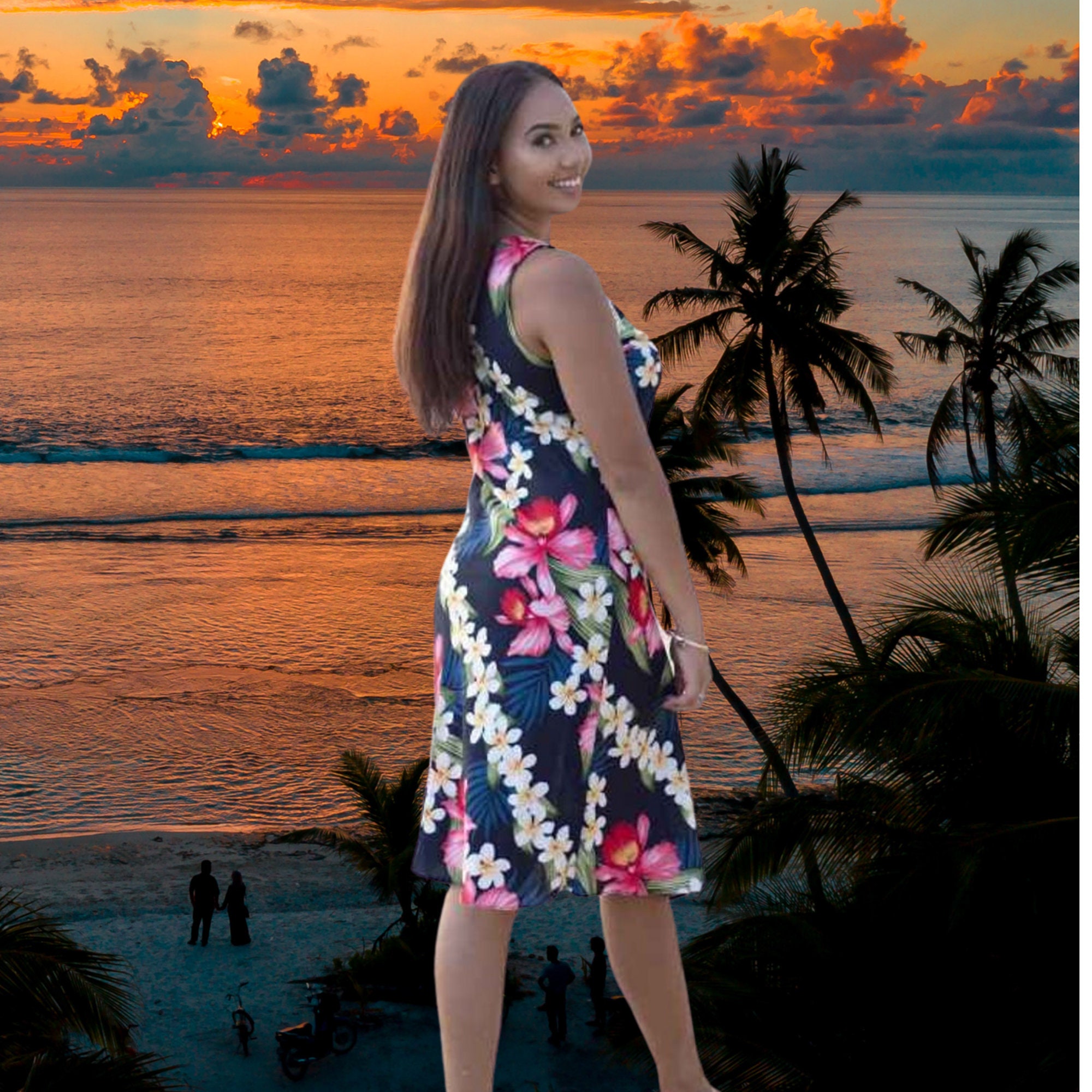 Navy Blue Floral Hawaiian Sundress Dress, Tropical Hibiscus Tank Dress ...