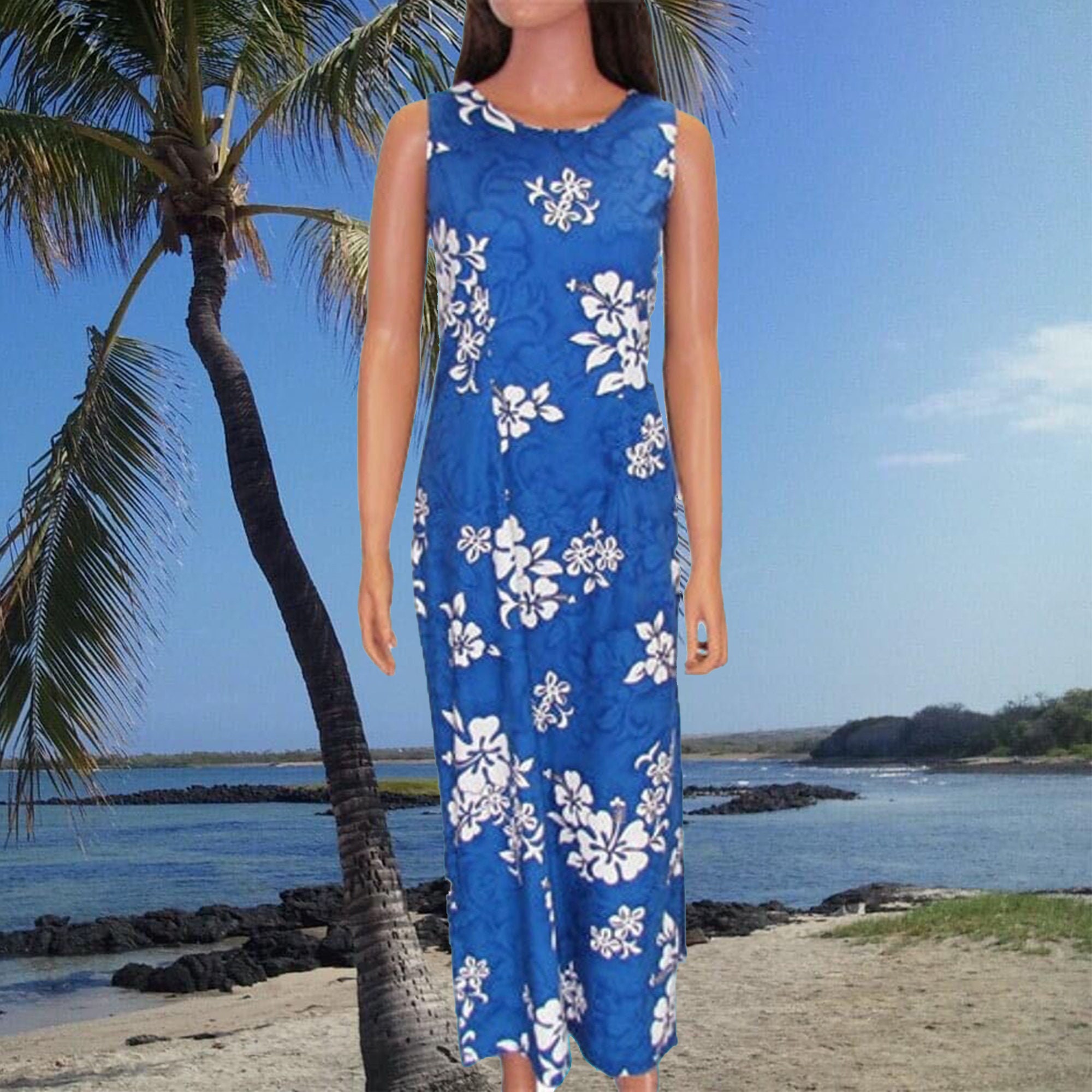Blue Hawaiian Hibiscus Maxi Dress, Tropical Tank Dress, Aloha Dress ...