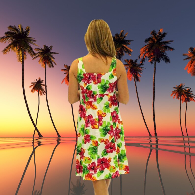 White Hawaiian Sundress Dress, Tropical Hibiscus Tank Dress, Knee ...