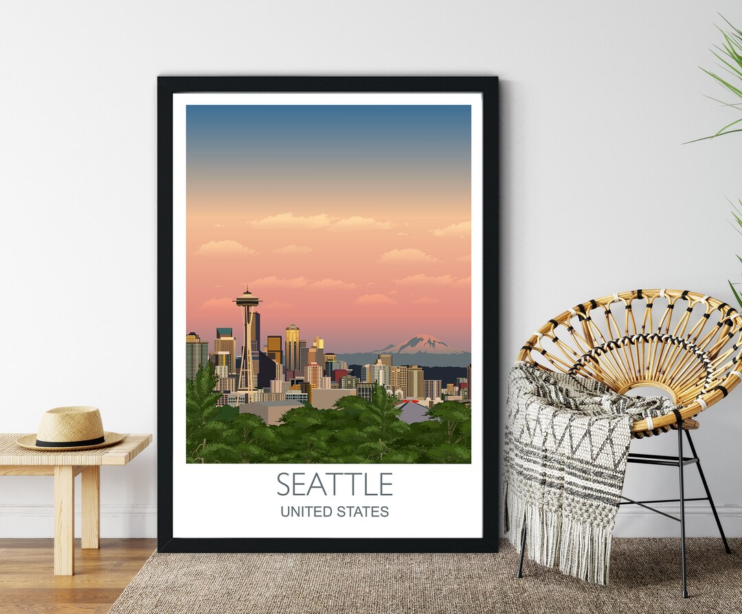 Póster de viaje de Seattle, Impresión de viaje de Seattle, Ciudad de ...