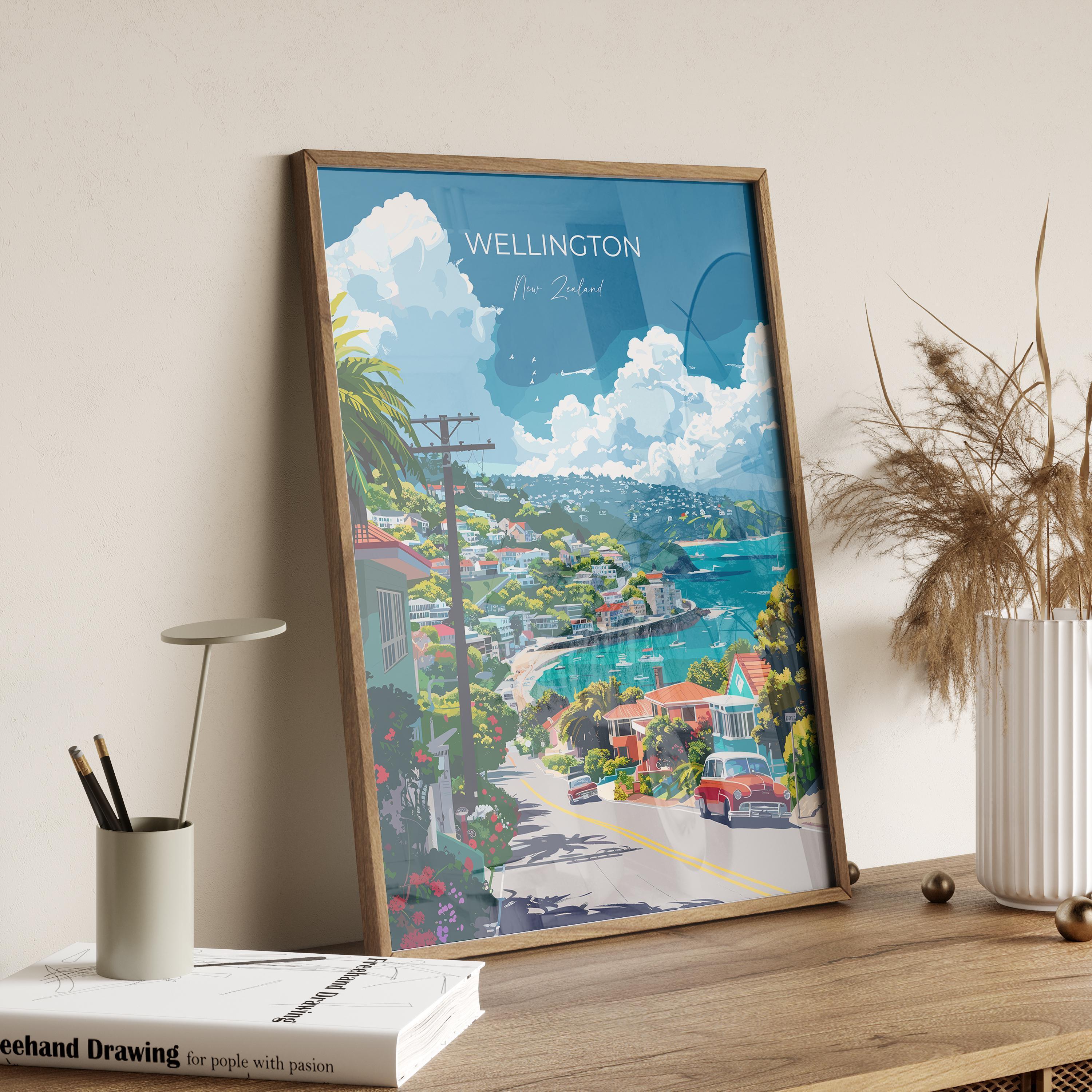 Wellington Travel Poster, Travel Print of Wellington, New Zealand Art ...