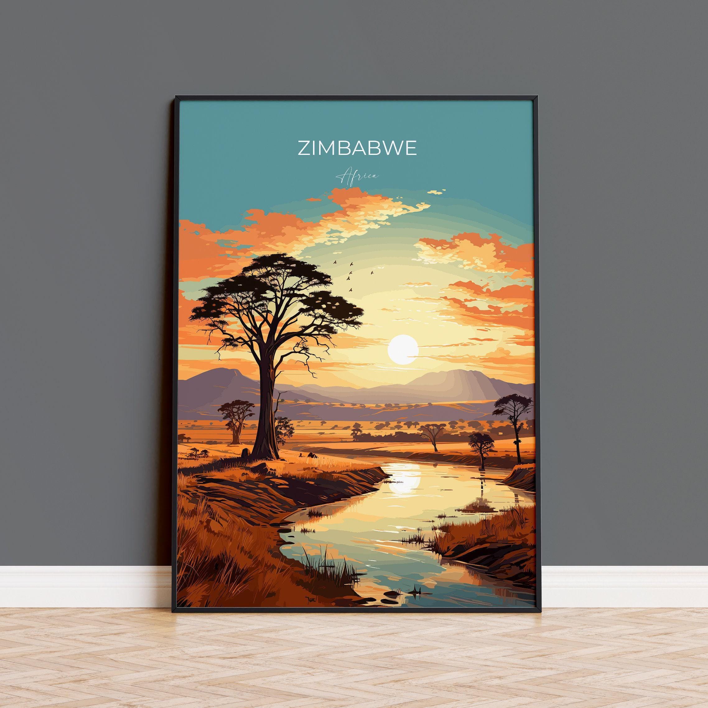 Zimbabwe Travel Poster Wall Art, Travel Poster of Zimbabwe Sunset ...