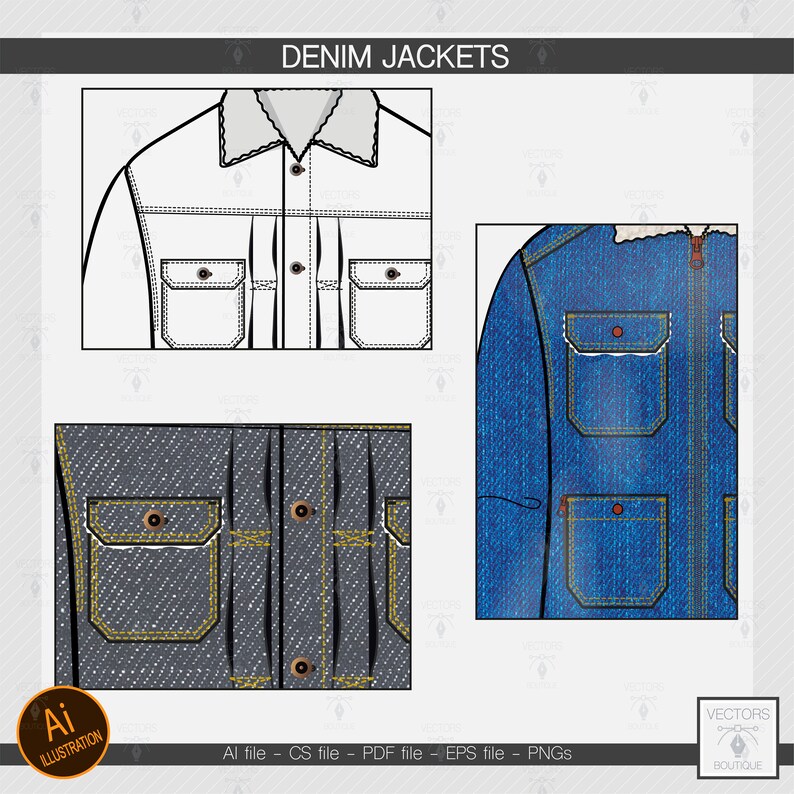 Denim Jackets Vector Fashion Flat Sketch. Padded Jackets. Dark Blue ...