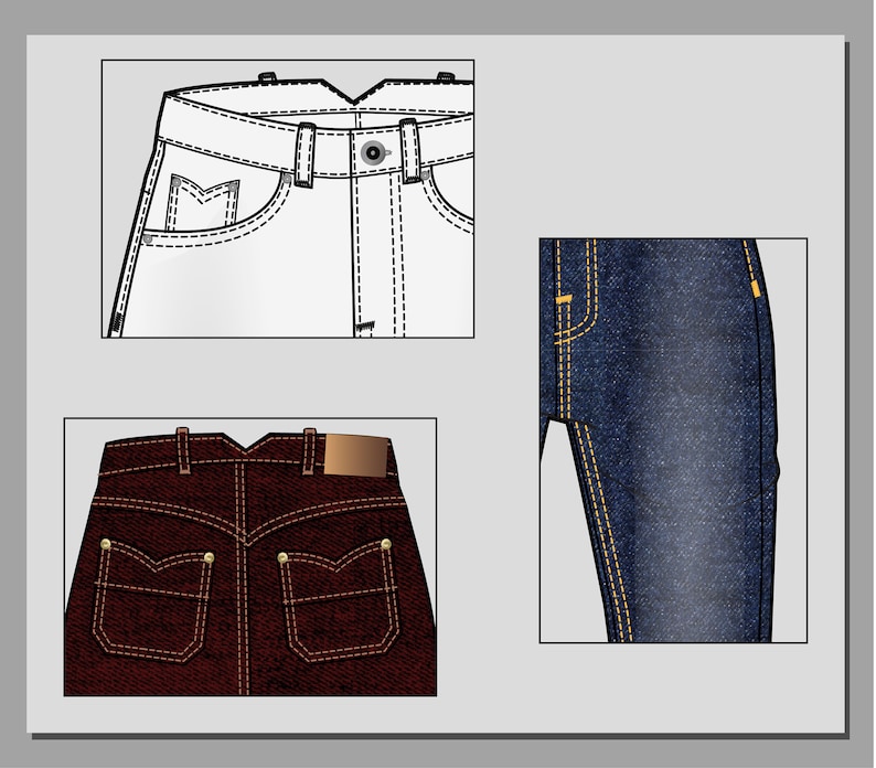 Jeans Vector Fashion Flat Sketch. High Waist Jeans. Dark Blue. Denim ...