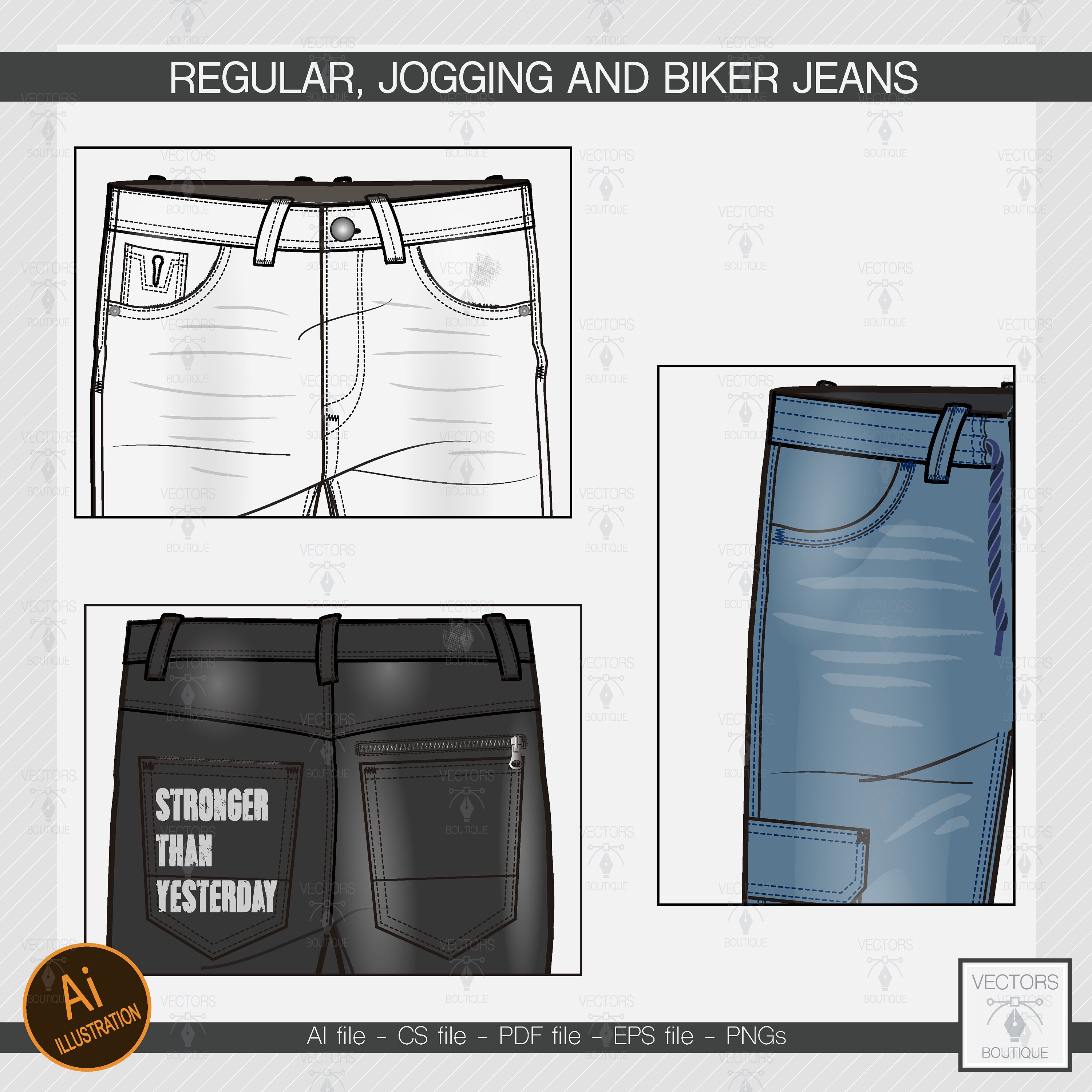 Jeans Vector Flats/sketches Set. Regular, Jogging and Biker Jeans ...
