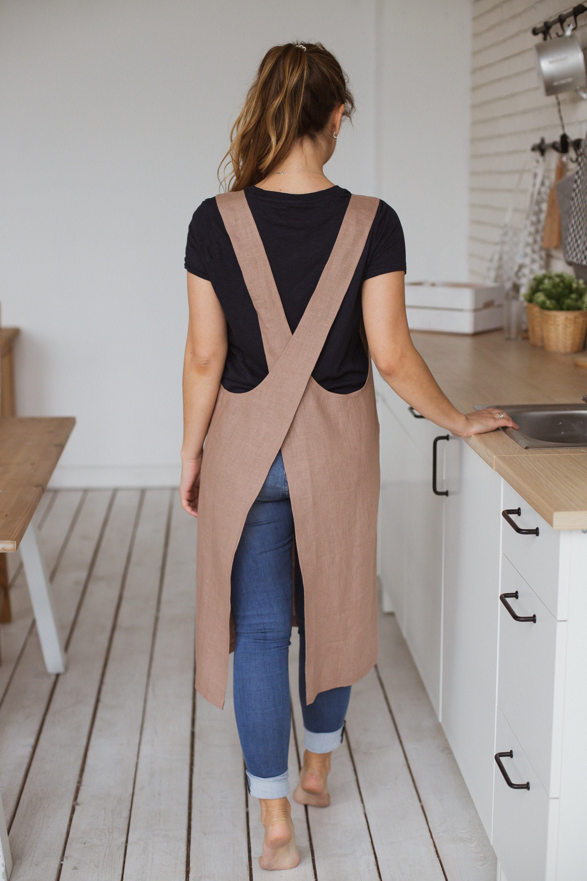 Japanese Cross Back Apron Linen Apron No Ties Linen Aprons Etsy