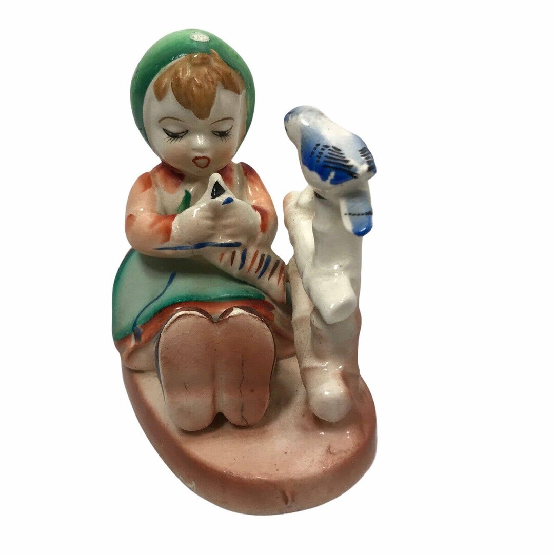 Hummel Like Figurine Girl With Blue Bird Sitting on Fence Japan Vintage ...
