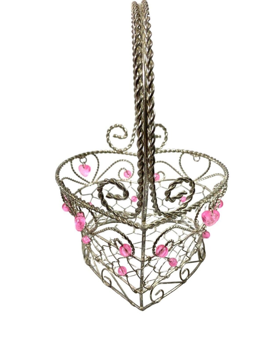 Vintage Wire Heart Shaped Basket Pink Beaded Metal Wedding Party Decor ...