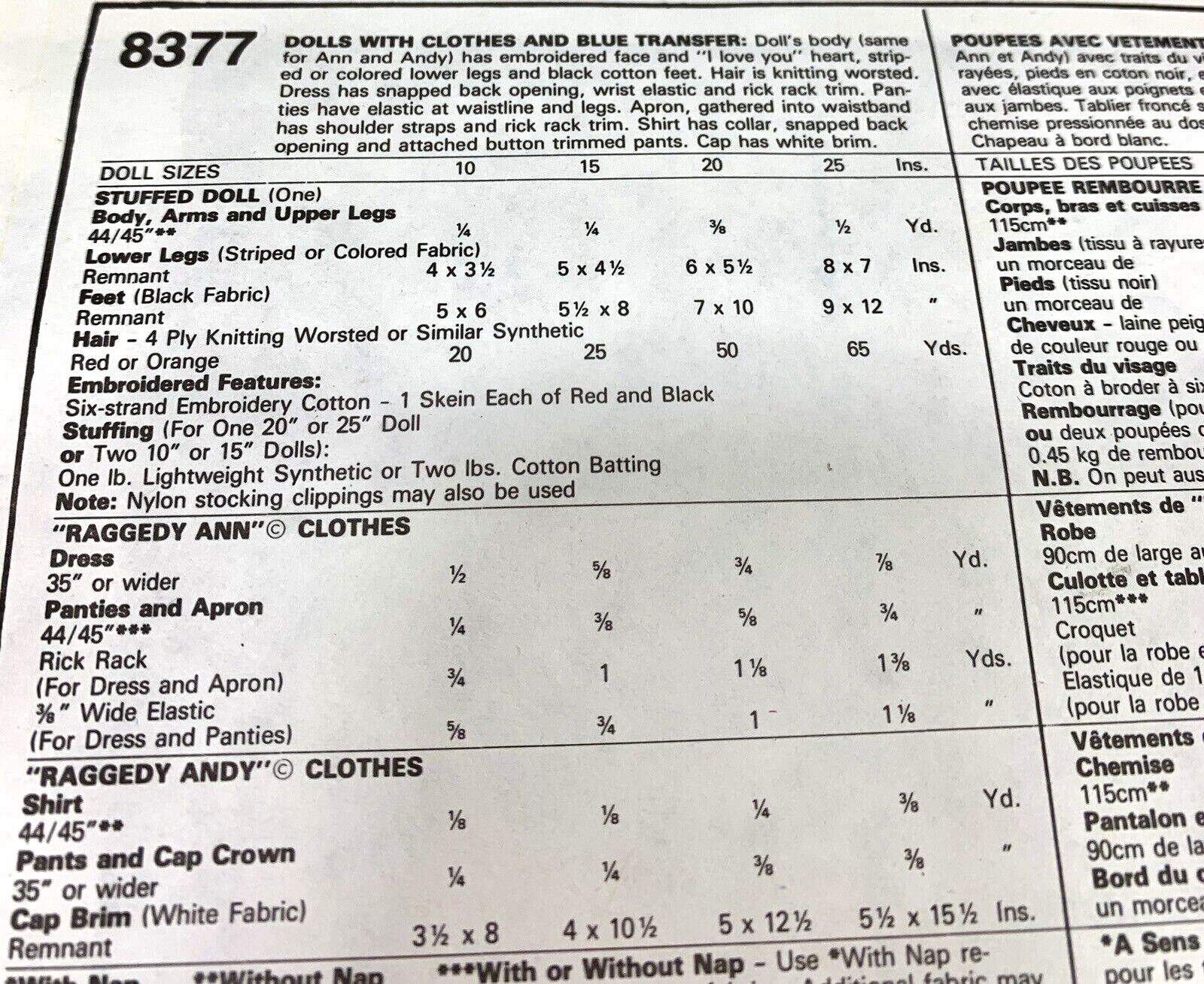 Vintage Raggedy Ann & Andy Doll Pattern Mccalls 8377 Uncut 4 Sizes 1025 ...