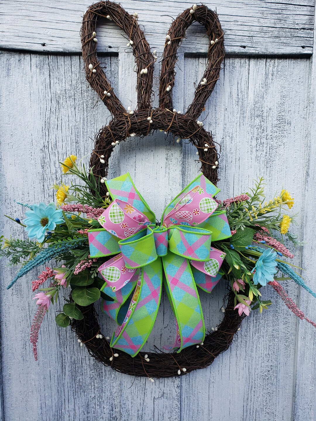 Bunny Grapevine Wreath, Bunny Door Decor, Spring Easter Wreath, Spring ...