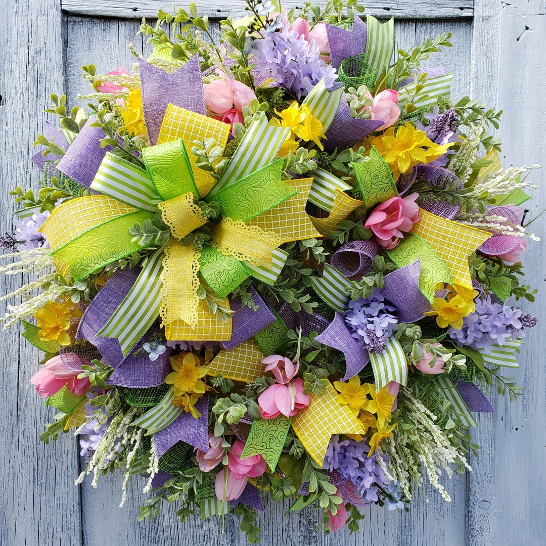 Spring Floral Wreath for Front Door, Spring Welcome Wreath, Tulip ...