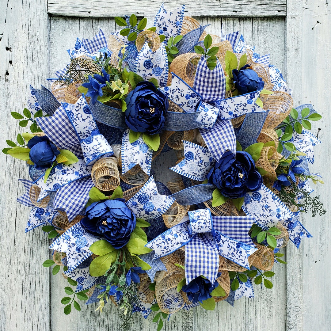 Blue Floral Wreath, Everyday Wreath for Home, Summer Welcome Wreath ...