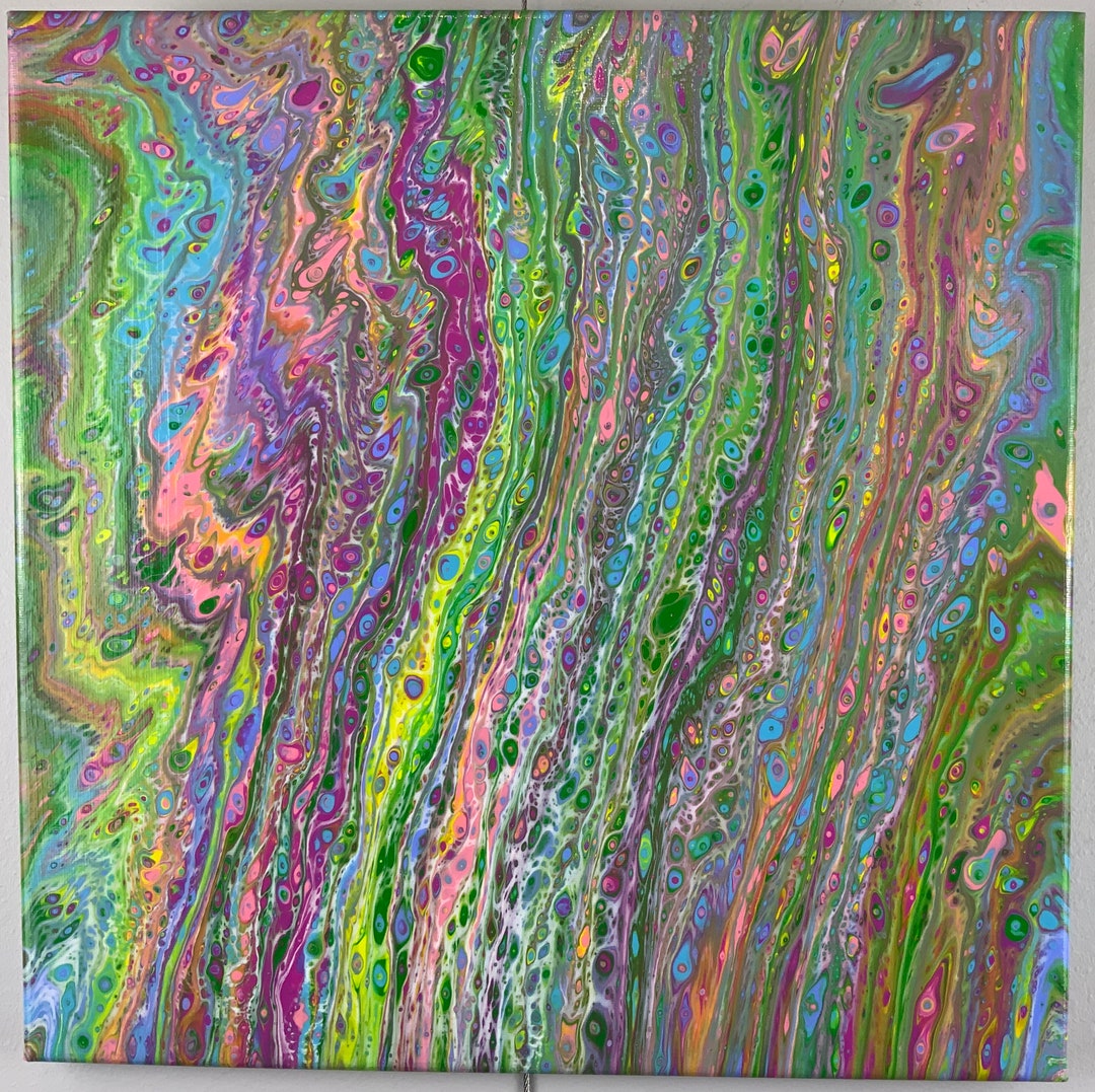 14"x14" Pastel Rainbow Swipe Acrylic Paint Pour Painting on Stretched ...