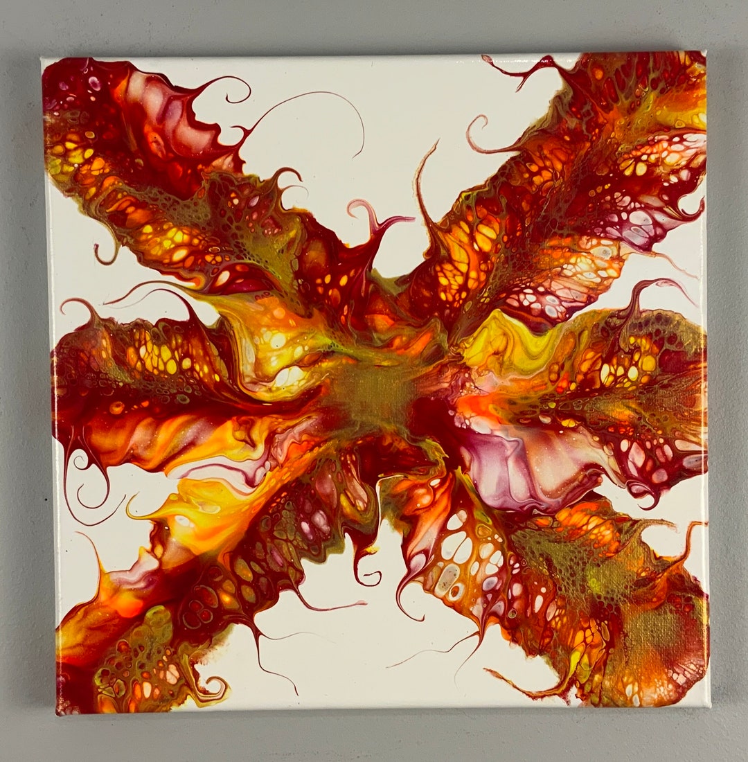 12"x12" Six Feather Fire/lava Acrylic Paint Pour Painting on Stretched ...