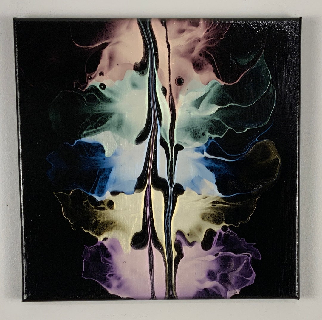 12"x12" Pearl Pulse Over Black Acrylic Paint Pour Painting on Stretched ...