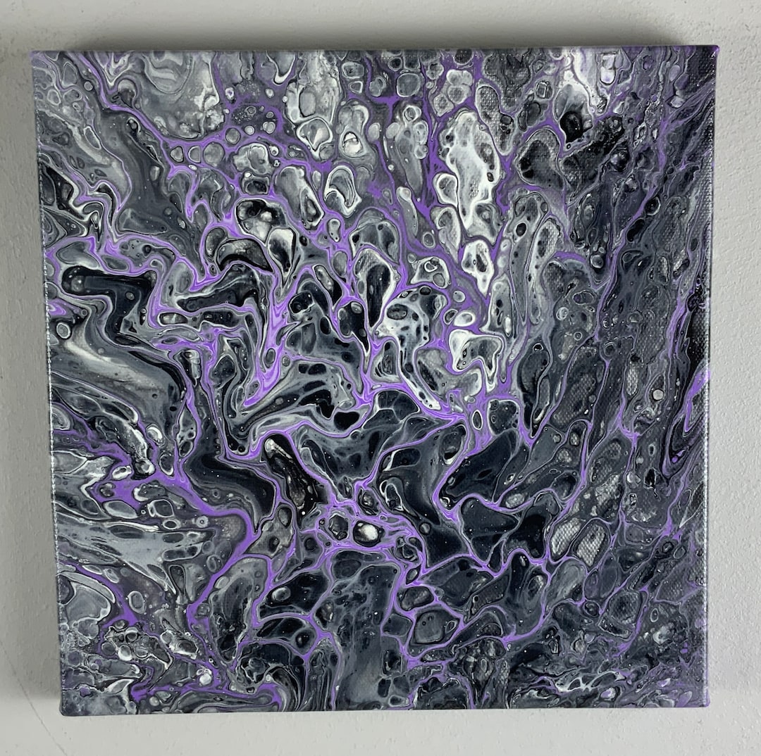 10"x10" Purple, Black and Gray Acrylic Paint Pour Painting on Premium ...