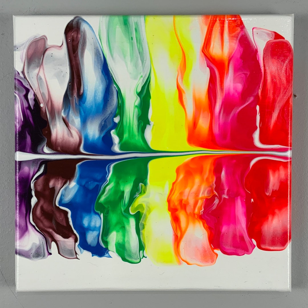 10"x10" Fluorescent Pulse Over White Acrylic Paint Pour Painting on ...