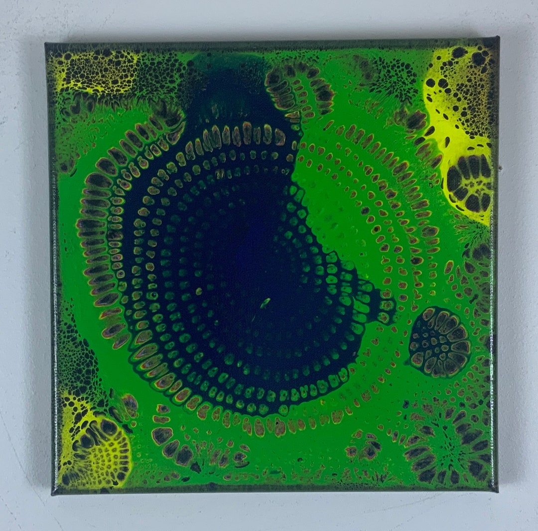 10"x10" Green, Yellow, Blue Chameleon Cells Acrylic Paint Pour Painting ...