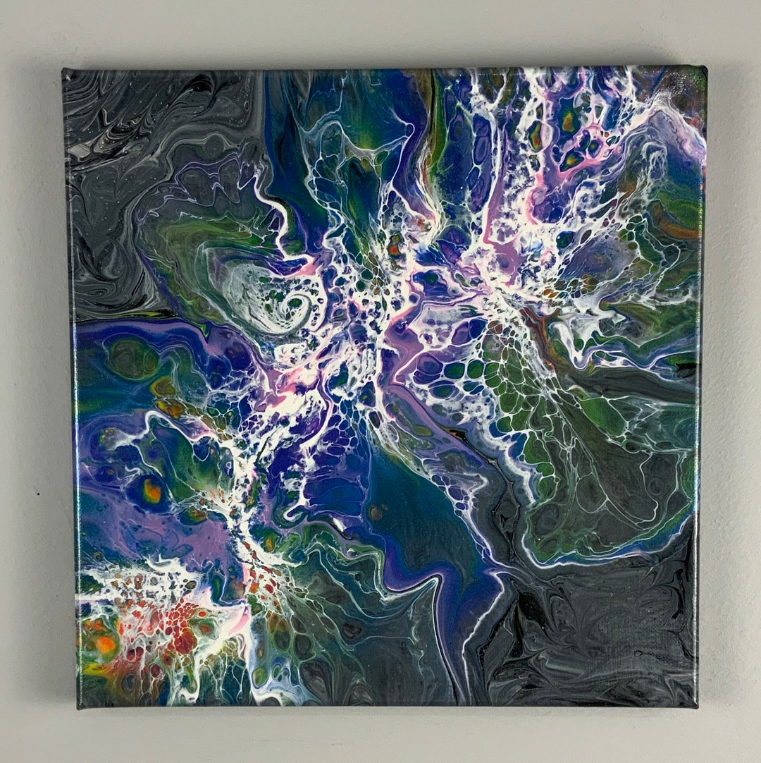 12"x12" Iridescent Rainbow Lightning Acrylic Paint Pour Painting on ...