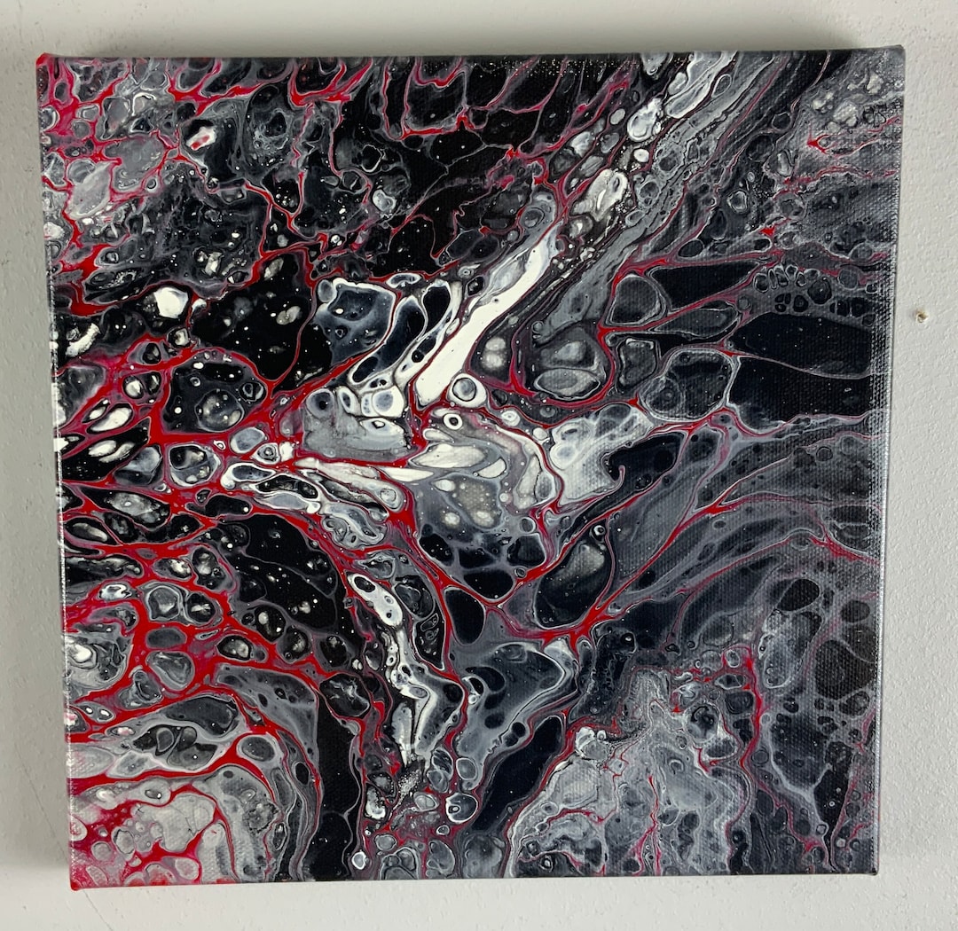10"x10" Red, Black and Gray Swipe Acrylic Paint Pour Painting on ...