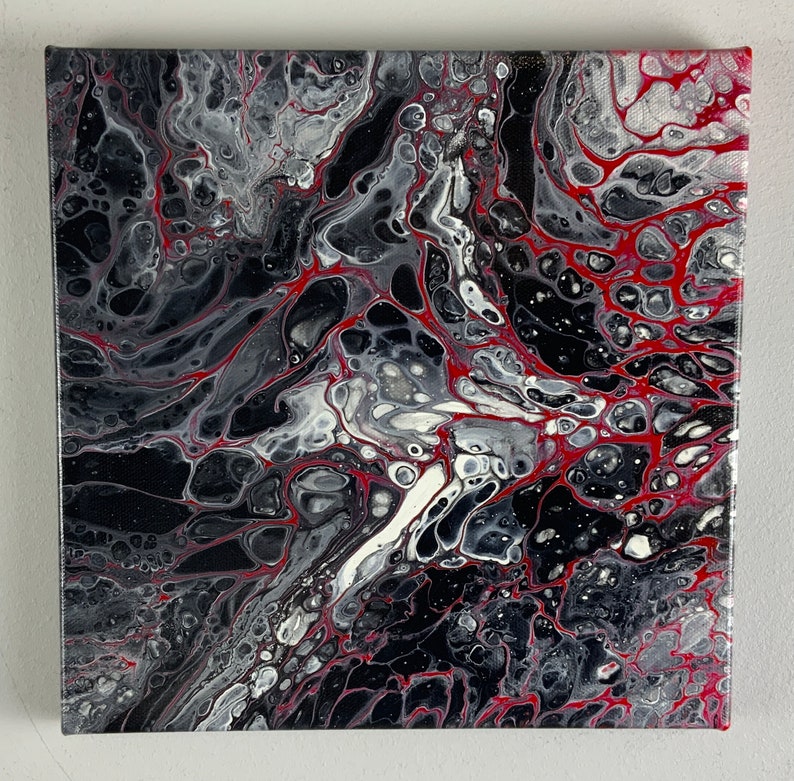 10"x10" Red, Black and Gray Swipe Acrylic Paint Pour Painting on ...