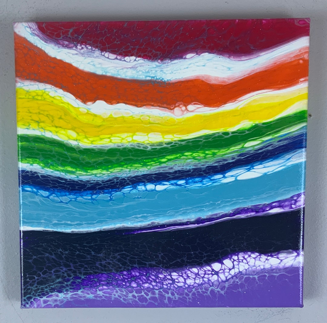 Rainbow Swipe Acrylic Pour Painting, 10"x10" Original Glossy Canvas Art ...