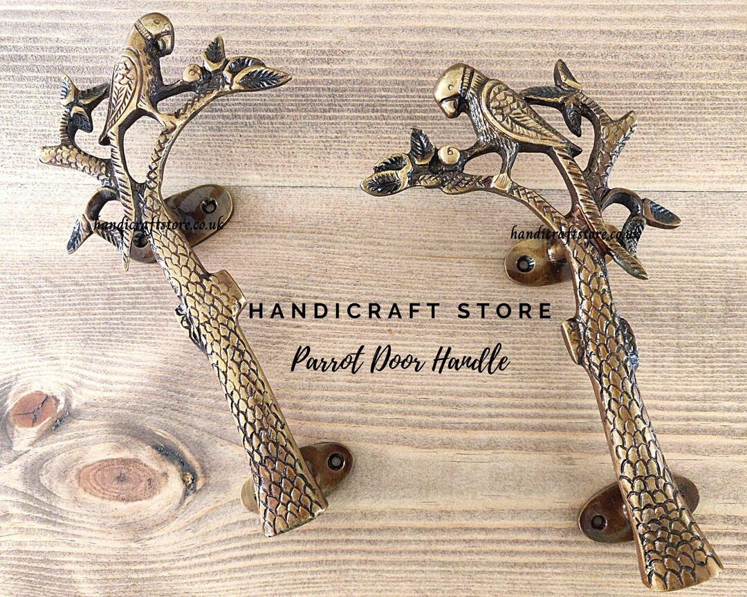 Set of 2 Parrot-on-a-tree Brass Door Handles 8 Inches Brass Door ...