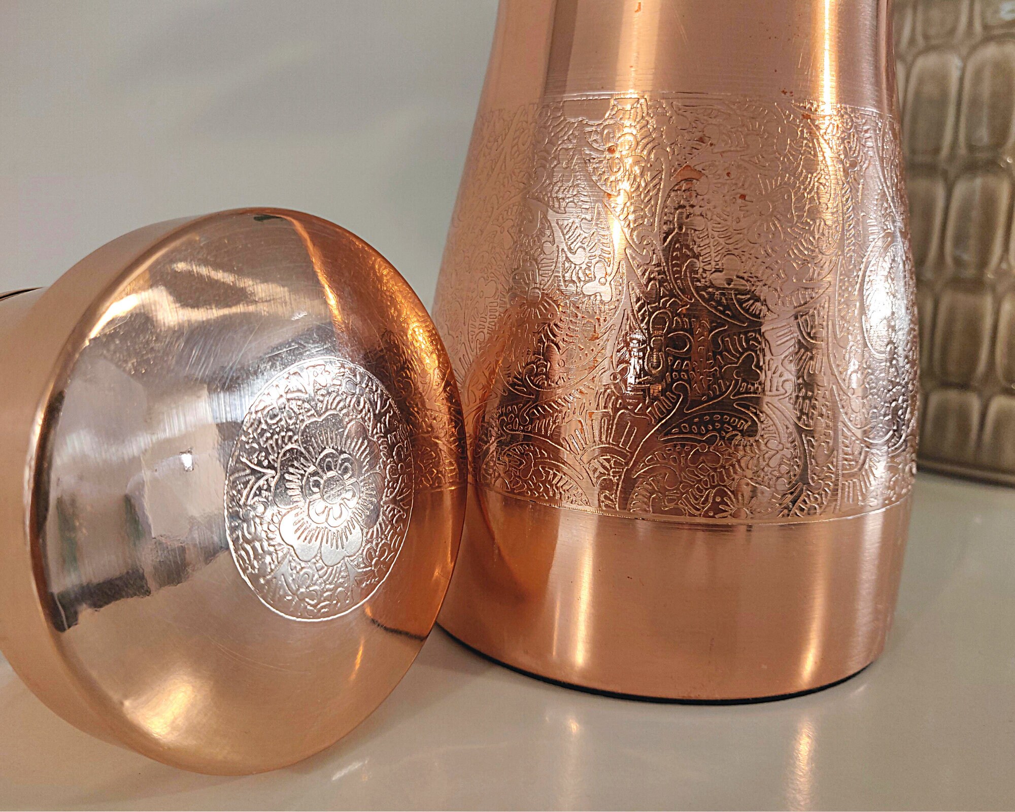 Copper Water Carafe With Removable Copper Lid Etched Design - Etsy UK