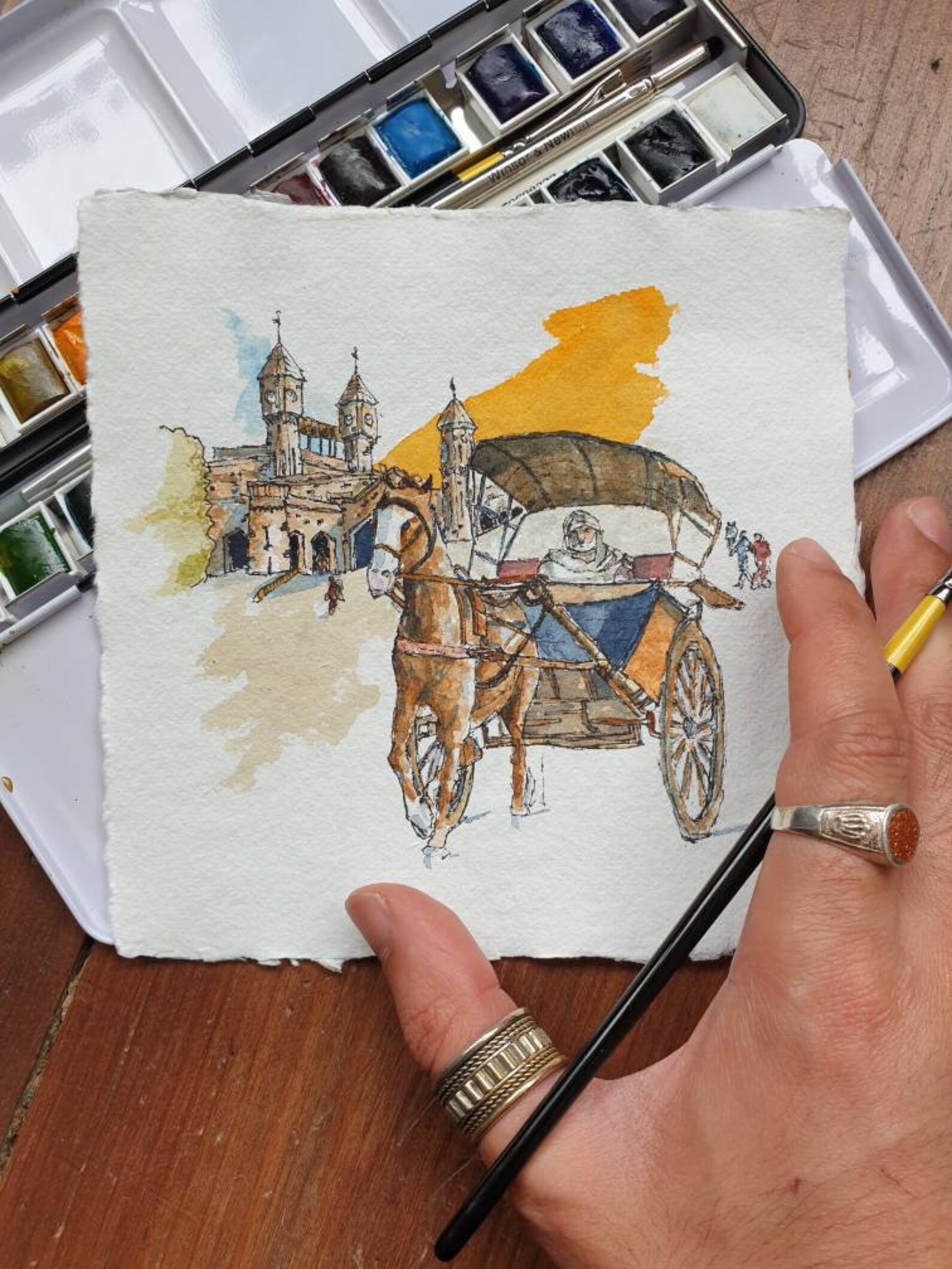 Lahore Railway Station Tonga, Pakistan | PRINT | Watercolour and Ink ...