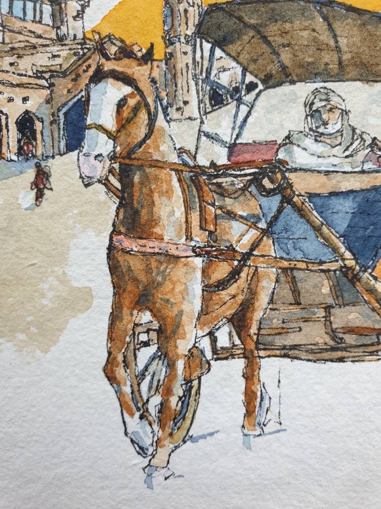 Lahore Railway Station Tonga, Pakistan | PRINT | Watercolour and Ink ...