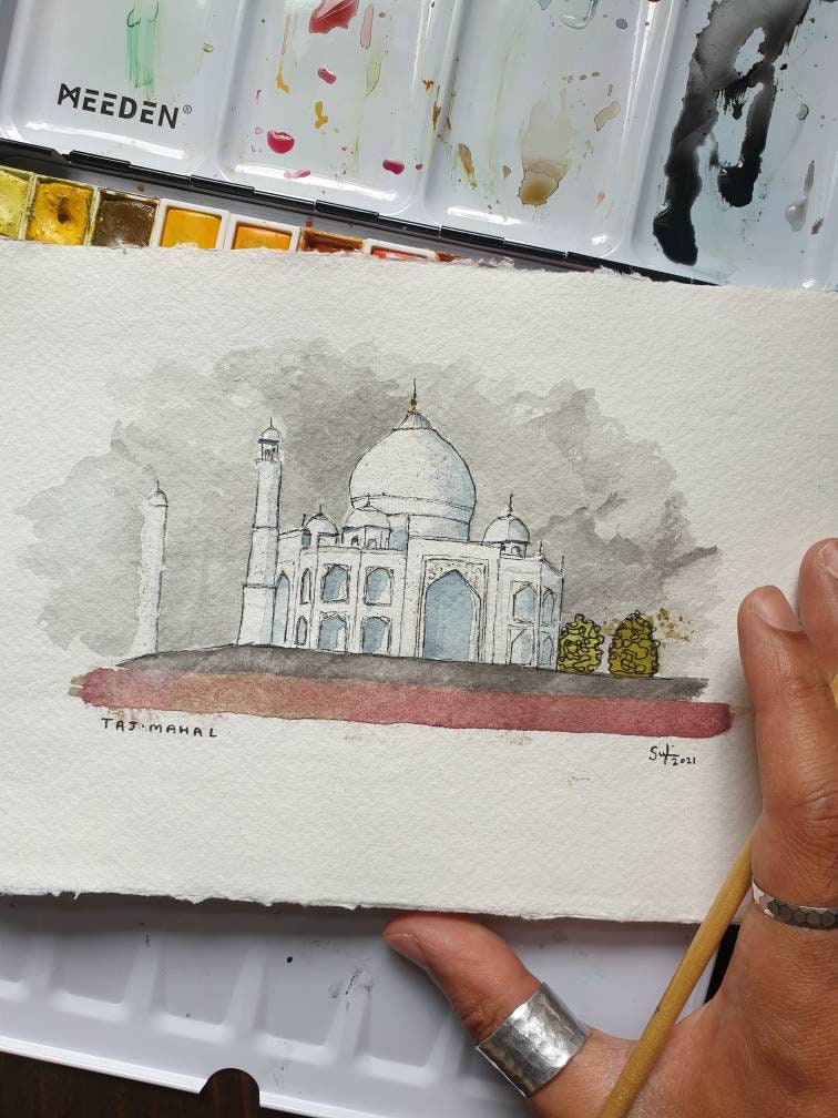 Art & Collectibles Agra India original watercolour and ink painting on ...